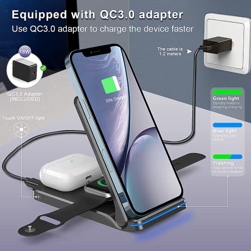 Wireless Charger, 3 in 1 15W Fast Charging Dock Stand for iPhone 14/13/12/11/Pro Max/XS/XR/X/8 Plus/8, Compatible with Apple Watch Series and AirPods 3/2/Pro with 18W Adapter(Black)