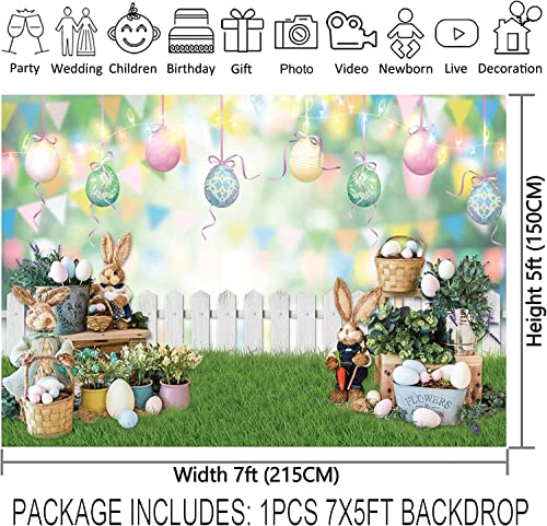 ZTHMOE 7x5ft Durable Fabric Easter Photography Backdrop Spring Garden Flower Stand Fence Eggs Grass Background Floral Bunny Tapestry Photo Booth