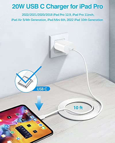 20W USB C Fast Charger with 10ft USB C to C Charging Cord for 2022/2021/2020/2018 iPad Pro 12.9 Gen 6/5/4/3, iPad Pro 11 Gen 4/3/2/1, iPad Air 5th/4th Generation, iPad 10th Generation, iPad Mini 6th