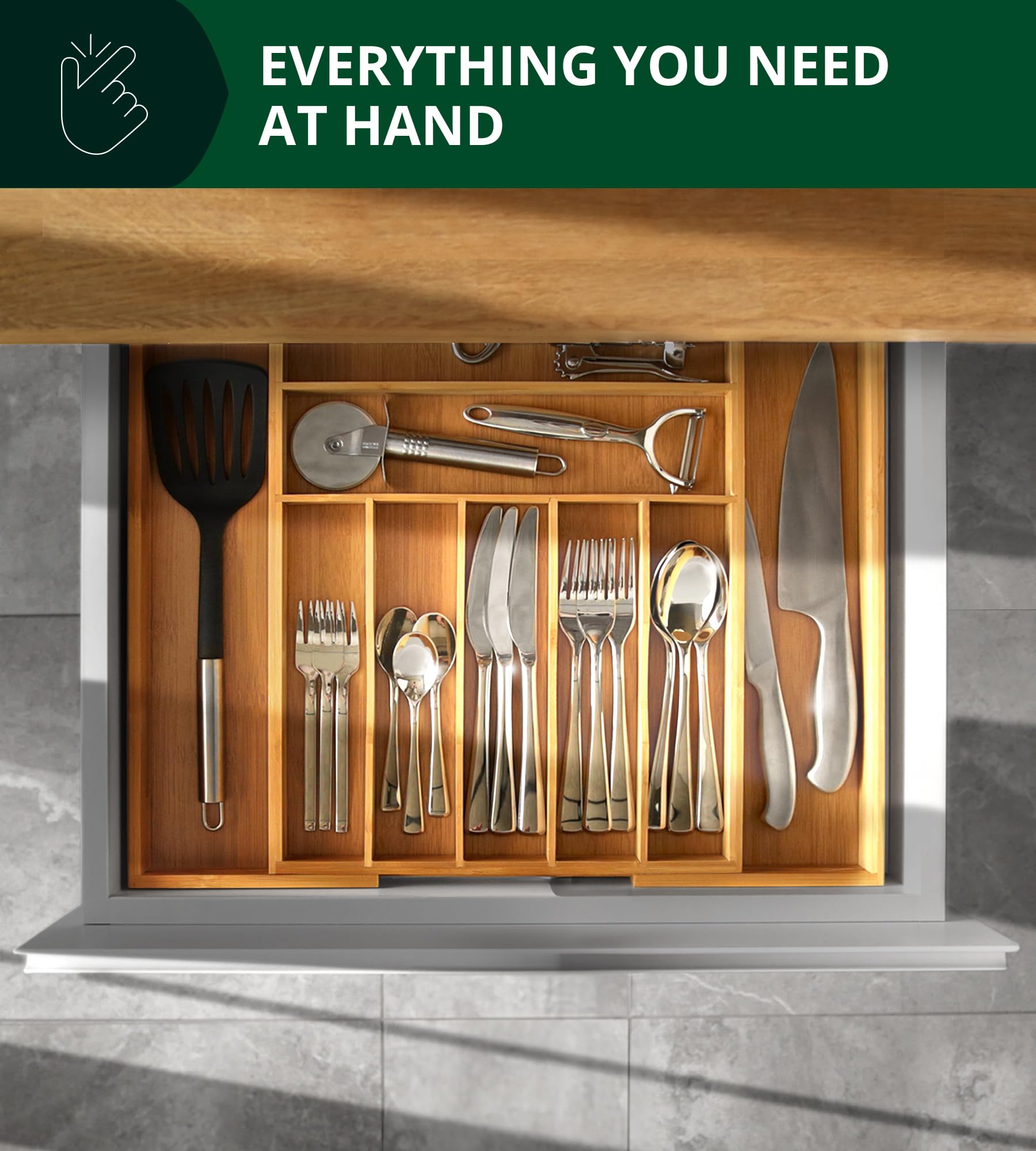 Luxury Bamboo Kitchen Drawer Organizer - Silverware Organizer - Utensil Holder and Cutlery Tray with Grooved Drawer Dividers for Flatware and Kitchen Utensils (9 Slot, Natural)