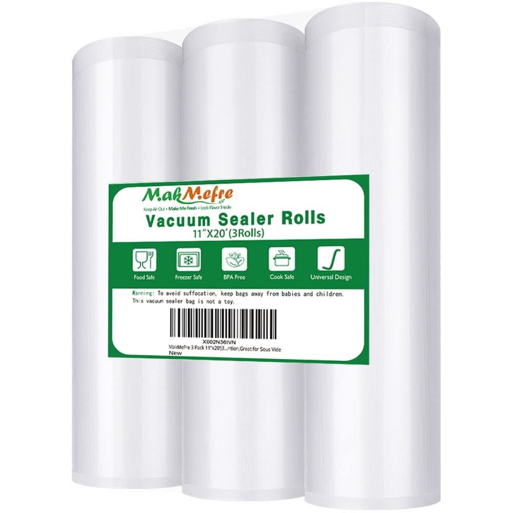 MakMeFre 3 Pack 11"x20'(3Rolls)Vacuum Sealer Bags Rolls for Food ,Commercial Grade, BPA Free,Puncture Prevention,Great for Sous Vide Cooking