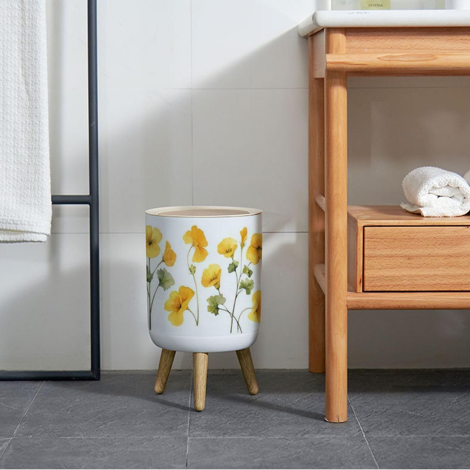 Small Trash Can with Lid for Bathroom Kitchen Office Diaper Yellow flowers nature botanical decorative collection collection Bedroom Garbage Trash Bin Dog Proof Waste Basket Cute Decorative