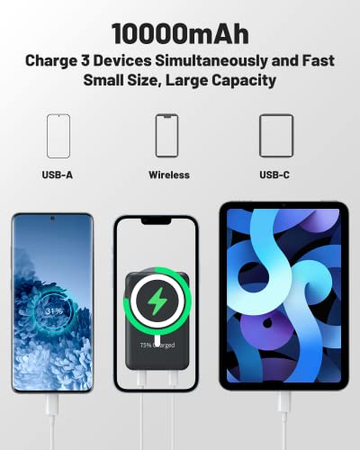 Wireless Power Bank, Yiisonger Slim 10000mAh Magnetic Portable Charger 22.5W PD Fast Charging, Mini Mag-Safe Battery Pack QC3.0 LED Display USB-C Compatible with iPhone 14&13/ Pro Max/Pro/Mini (Black)