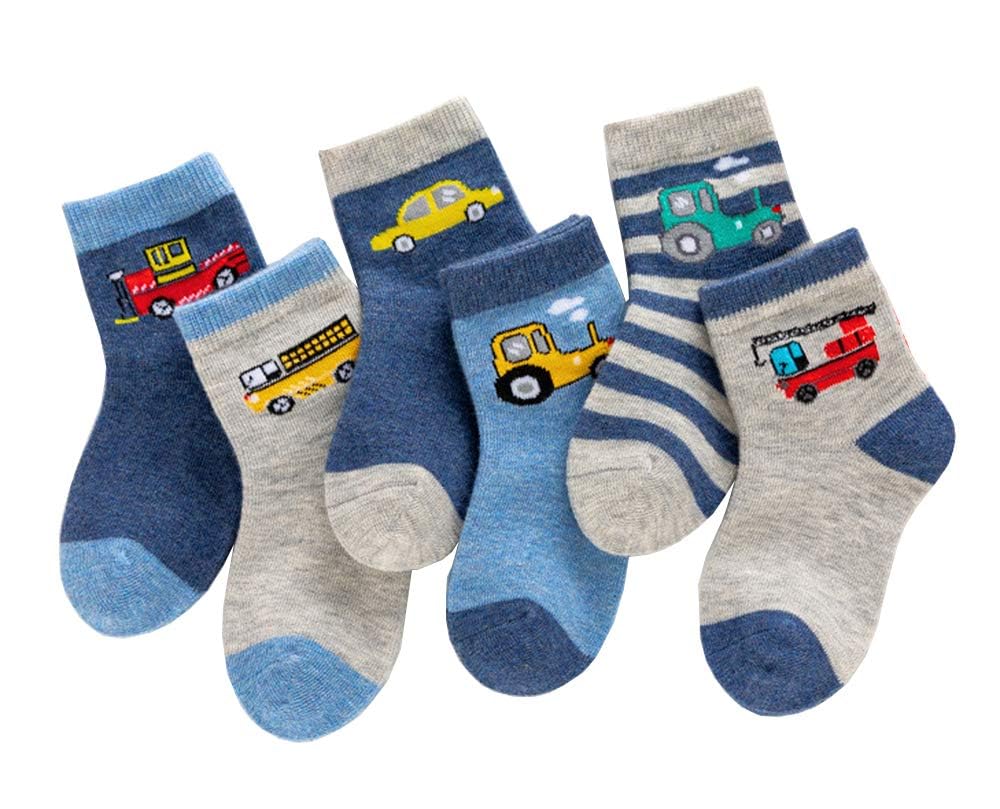 CHUNG Little Big Boys Cotton Quarter Socks Casual Dino Pattern 2025 Autumn Winter School Daily (5-8 Years, 6Car)