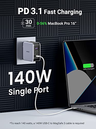 UGREEN 140W USB C Charger, Mac Book Pro Charger Foldable Nexode PD3.1 PPS 3-Port Fast GaN Laptop Wall Charger Power Adapter Compatible with MacBook Pro 16'', Dell XPS, Chromebook (with 240W Cable)