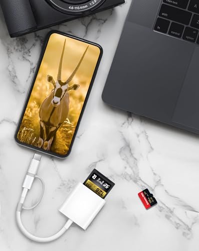SD Card Reader for iPhone iPad, Dual Connector Memory SD Card Adapter, Support SD/MicroSD Cards, High-Speed Digital Trail Camera to iPhone Viewer, Plug and Play - White