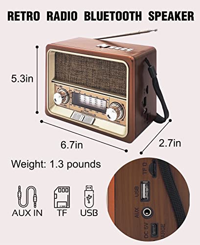 Videyas Portable Shortwave Retro Radio, AM FM Retro Radio, with Bluetooth Speaker, Best Reception, Rechargeable Battery, Torch, AUX TF USB Stick, Great for Outdoor Kitchen Gifts