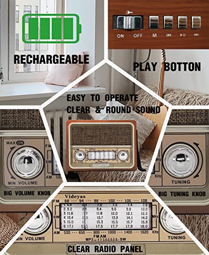 Videyas Portable Shortwave Retro Radio, AM FM Retro Radio, with Bluetooth Speaker, Best Reception, Rechargeable Battery, Torch, AUX TF USB Stick, Great for Outdoor Kitchen Gifts