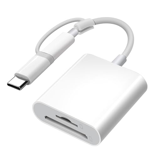 SD Card Reader for iPhone iPad, Dual Connector Memory SD Card Adapter, Support SD/MicroSD Cards, High-Speed Digital Trail Camera to iPhone Viewer, Plug and Play - White