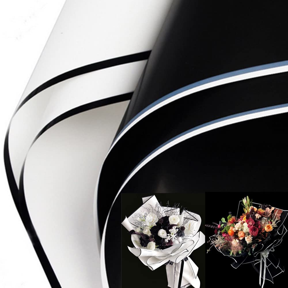40 Sheets black and white aristocratic border Flower Wrapping Paper ,Waterproof Thicken Florist Bouquet Packaging Paper, Gift or Gift Box Packaging Paper 22.8 x 22.8 inch(Dark Black + Porcelain White)