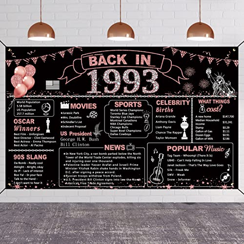 DARUNAXY 30th Birthday Rose Gold Party Decoration, Back in 1993 Banner for Women 30 Years Old Birthday Photography Background Vintage 1993 Poster Backdrop for Girls 30th Class Reunion Party Supplies