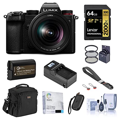 Panasonic Lumix DC-S5 Mirrorless Digital Camera with S 20-60mm L-Mount Lens Bundle with 64GB UHS-II V90 SD Card, Card Case, Bag, Wrist Strap, Extra Battery, Charger, Filter Kit and Accessories