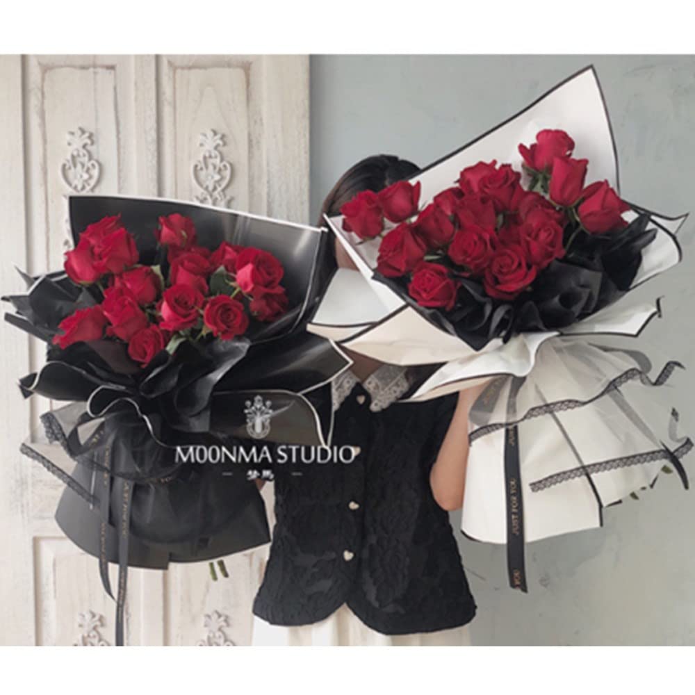 40 Sheets black and white aristocratic border Flower Wrapping Paper ,Waterproof Thicken Florist Bouquet Packaging Paper, Gift or Gift Box Packaging Paper 22.8 x 22.8 inch(Dark Black + Porcelain White)