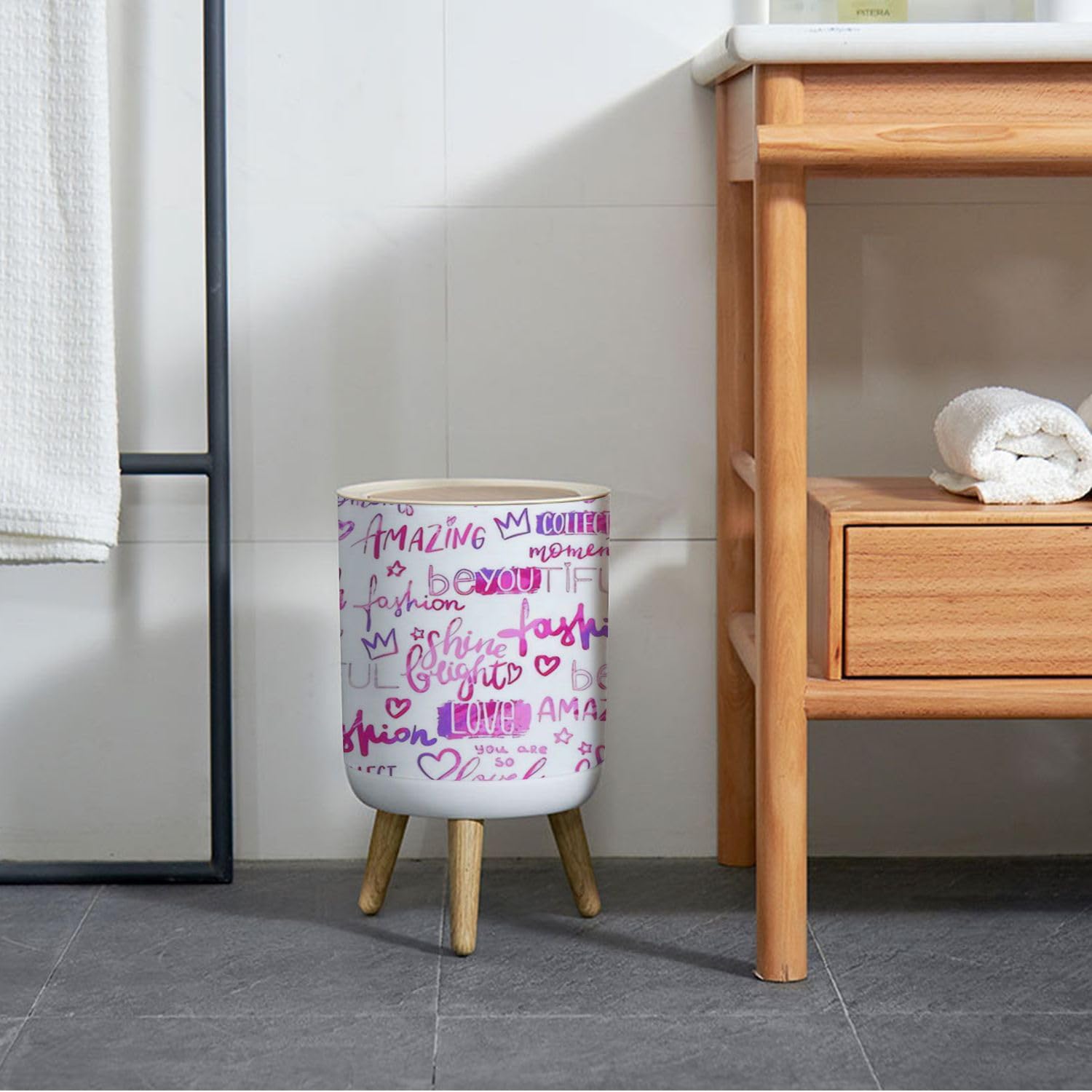 Small Trash Can with Lid for Bathroom Kitchen Office Diaper Abstract drawing pattern Fashion drawing text slogan Girlish teen Bedroom Garbage Trash Bin Dog Proof Waste Basket Cute Decorative
