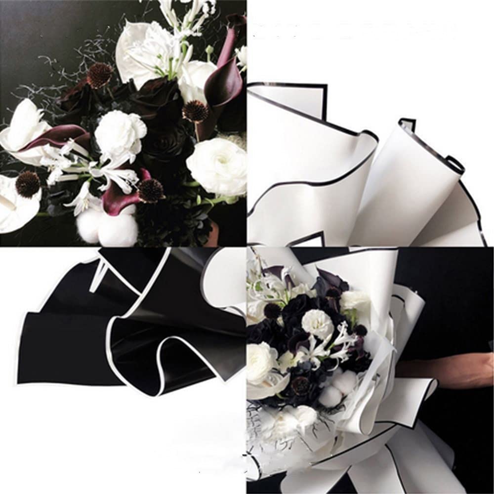 40 Sheets black and white aristocratic border Flower Wrapping Paper ,Waterproof Thicken Florist Bouquet Packaging Paper, Gift or Gift Box Packaging Paper 22.8 x 22.8 inch(Dark Black + Porcelain White)