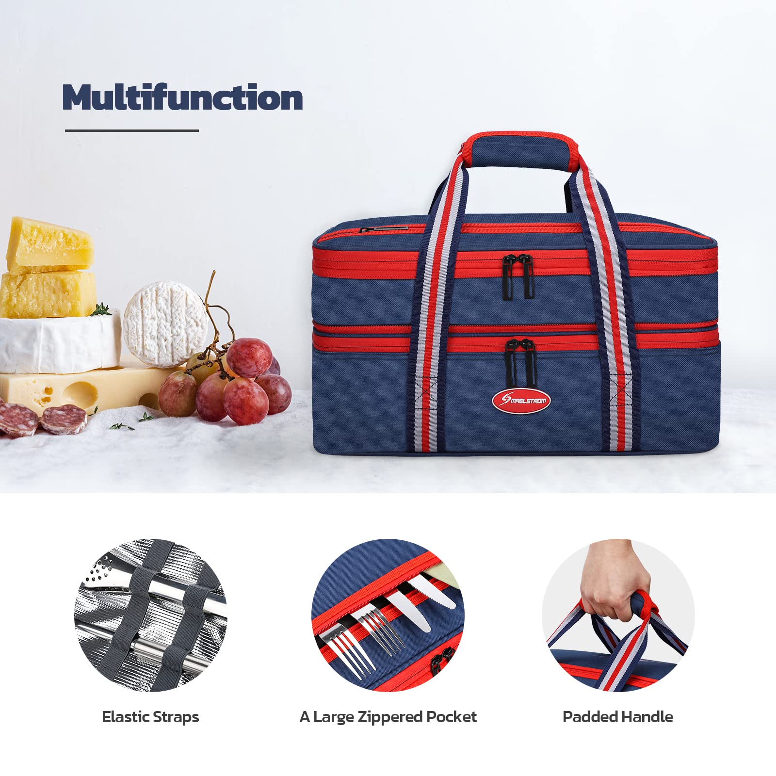 Maelstrom Insulated Casserole Carrier For Hot or Cold Food,Expandable L Tasagna Lugger Tote,Collapsible Leakproof Large Food Buds,Portable Tote For Party,Picnic,Camping,Blue