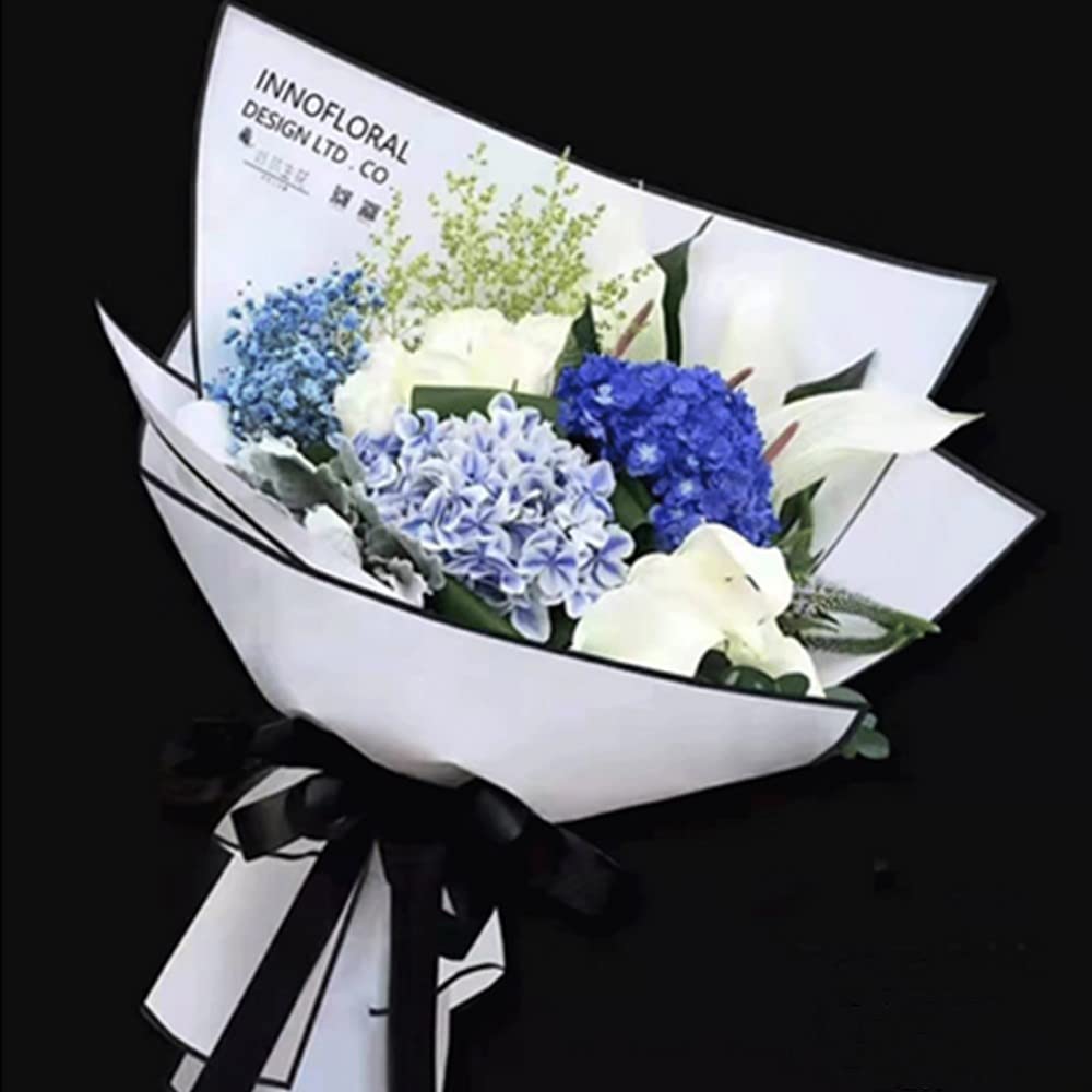 40 Sheets black and white aristocratic border Flower Wrapping Paper ,Waterproof Thicken Florist Bouquet Packaging Paper, Gift or Gift Box Packaging Paper 22.8 x 22.8 inch(Dark Black + Porcelain White)