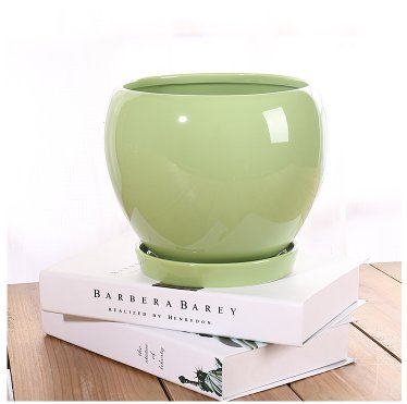 Ceramic Home/Garden Modern Flower Planter Pot with Saucer/Tray - Classic Round Apple Ball Shape Green Color