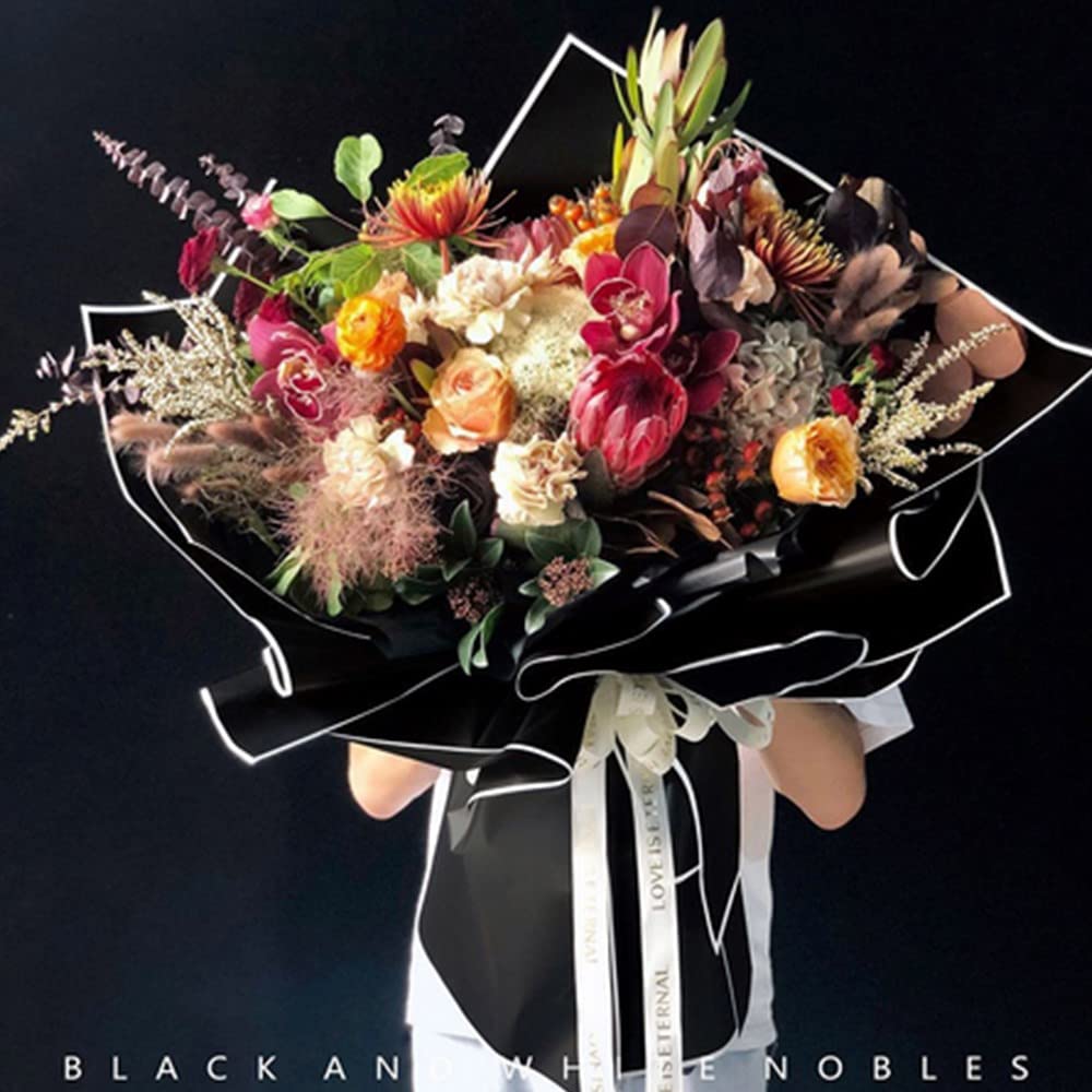 40 Sheets black and white aristocratic border Flower Wrapping Paper ,Waterproof Thicken Florist Bouquet Packaging Paper, Gift or Gift Box Packaging Paper 22.8 x 22.8 inch(Dark Black + Porcelain White)