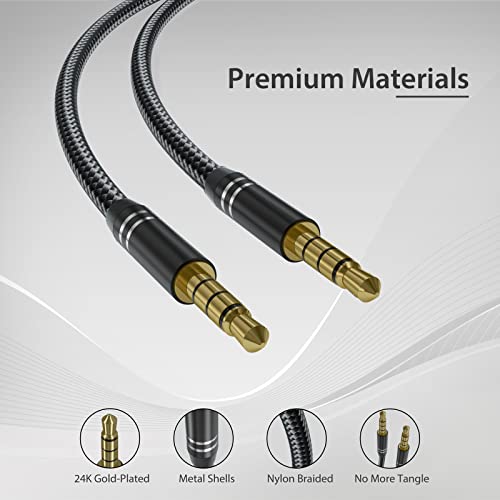 3.5mm Audio Cable Male to Male (4Ft/1.2M), 4 Pole Hi-Fi Stereo AUX Cord, Nylon Braided Audio Jack Auxiliary Cord Extension Adapter for Headphones, Car and All 3.5 mm Enabled Devices (2 Pack - Black)