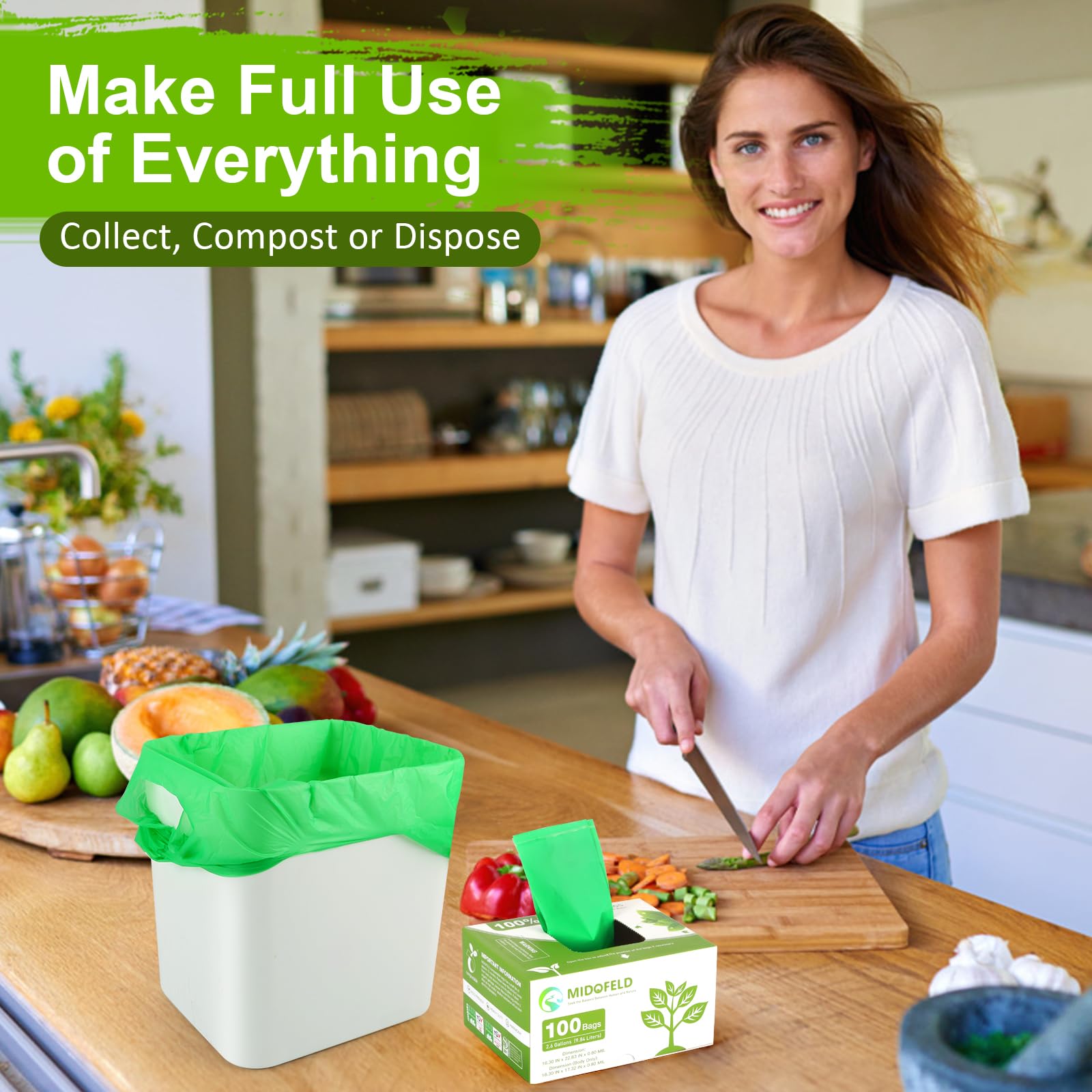MIDOFELD 2.6 Gallon Compostable Bags, Biodegradable Small Trash Bags 100 Count Waste Basket Liner for Food Scrap, 0.8 mil Extra Thick Garbage Bag for Kitchen Countertop Bin, T-Shirt Bag BPI Certified