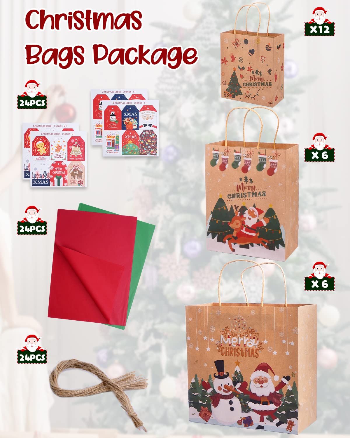 IGbunify 24 Pcs Assorted Sizes Christmas Kraft Gift Bags with Handles,Christmas Goody Bags for Xmas School Gift Wrapping and Party Favors-3 Pattern & 3 Sizes