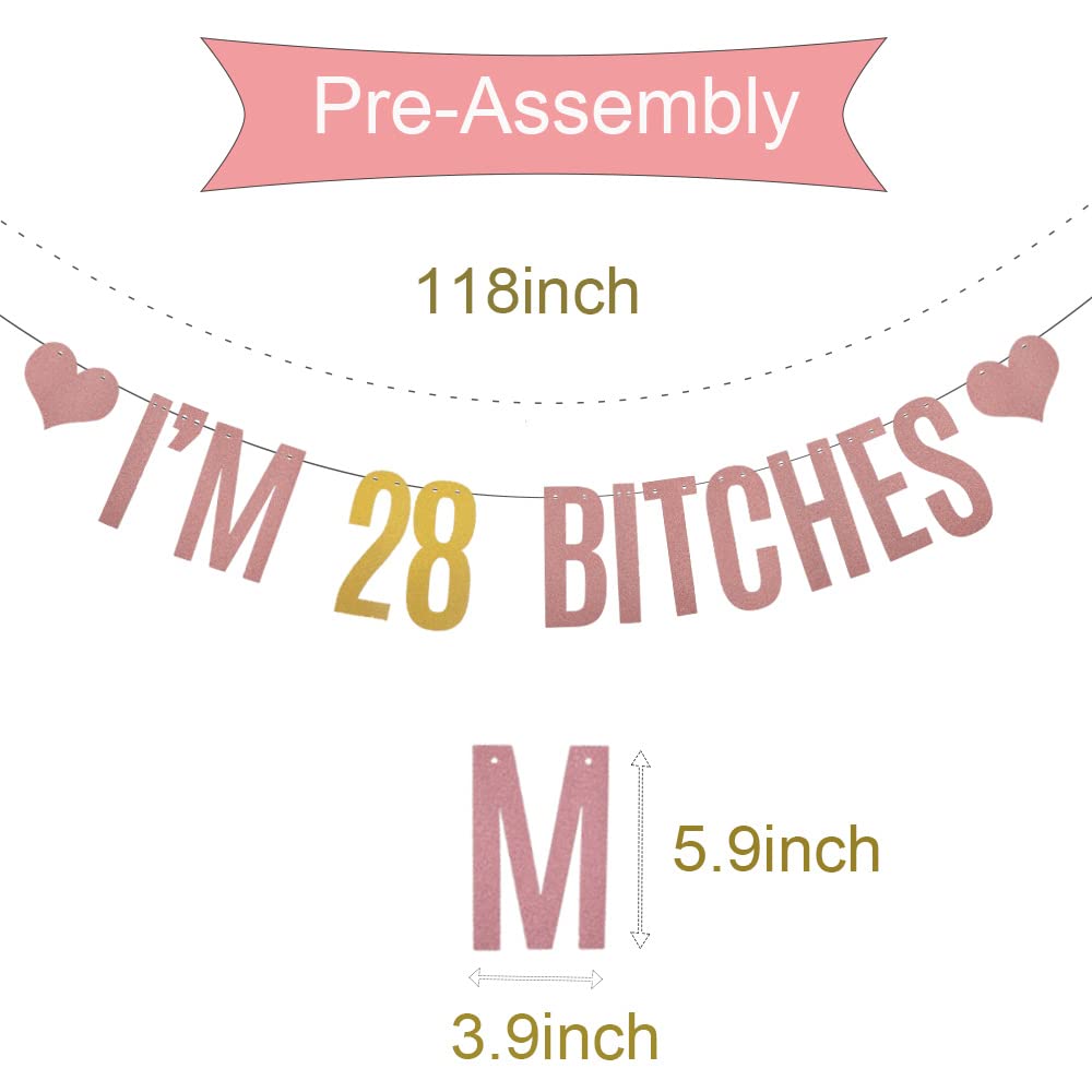 XIAOLUOLY Rose Gold I'M 28 BITCHES Glitter Banner,Pre-Strung,Funny 28th Birthday Party Decorations Bunting Sign Backdrops,I'M 28 BITCHES