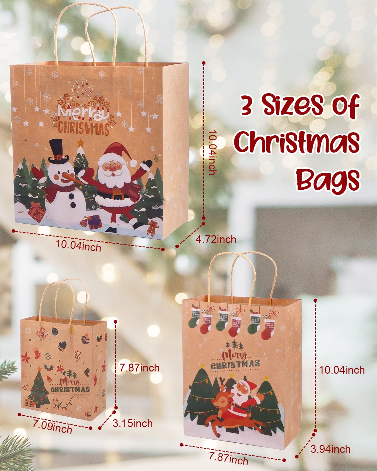 IGbunify 24 Pcs Assorted Sizes Christmas Kraft Gift Bags with Handles,Christmas Goody Bags for Xmas School Gift Wrapping and Party Favors-3 Pattern & 3 Sizes
