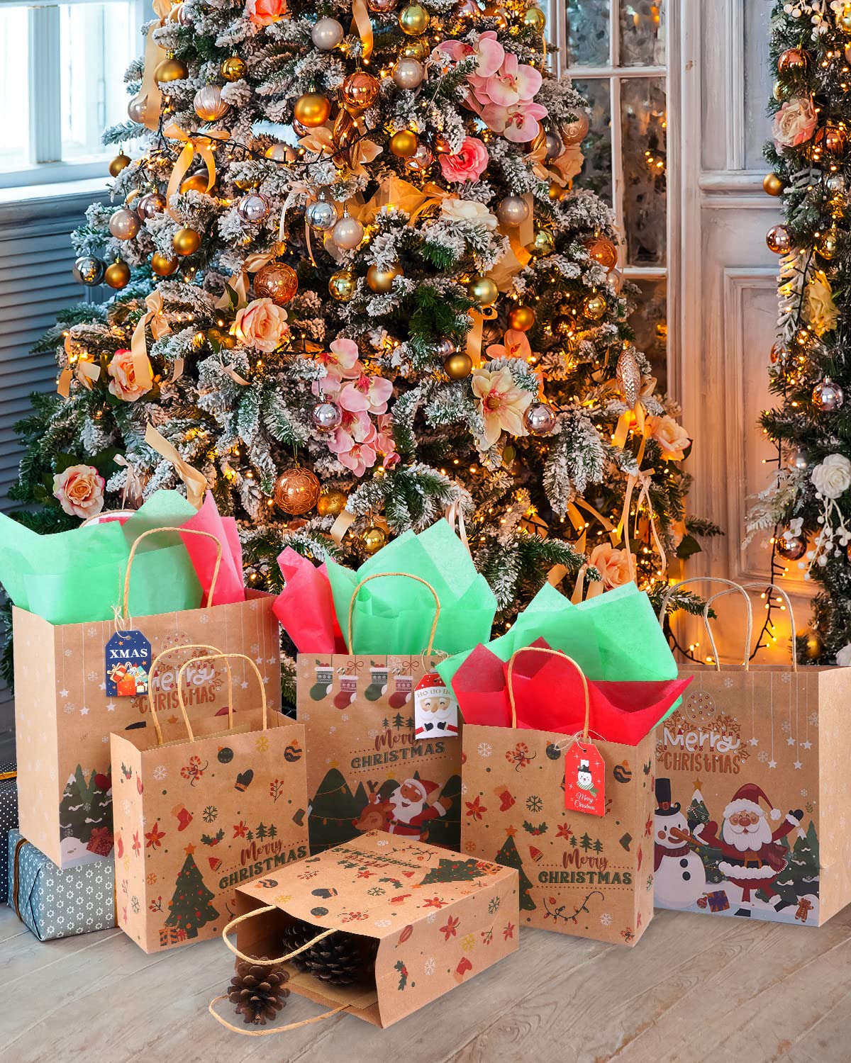 IGbunify 24 Pcs Assorted Sizes Christmas Kraft Gift Bags with Handles,Christmas Goody Bags for Xmas School Gift Wrapping and Party Favors-3 Pattern & 3 Sizes