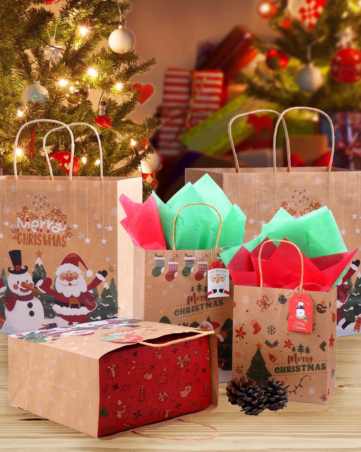IGbunify 24 Pcs Assorted Sizes Christmas Kraft Gift Bags with Handles,Christmas Goody Bags for Xmas School Gift Wrapping and Party Favors-3 Pattern & 3 Sizes