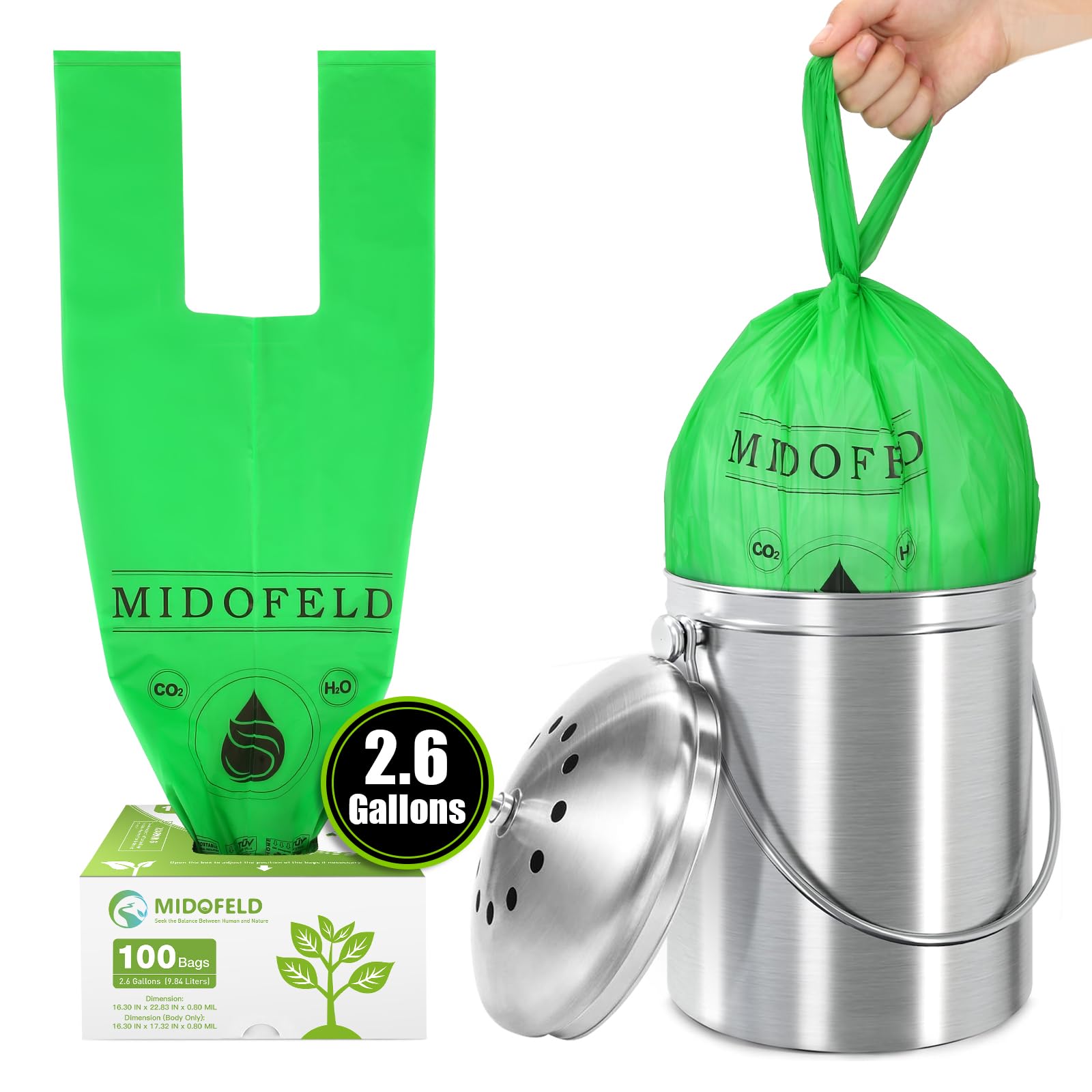 MIDOFELD 2.6 Gallon Compostable Bags, Biodegradable Small Trash Bags 100 Count Waste Basket Liner for Food Scrap, 0.8 mil Extra Thick Garbage Bag for Kitchen Countertop Bin, T-Shirt Bag BPI Certified