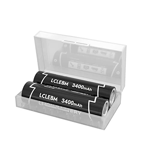 LCLEBM 2 Packs 3400mAh Flat Top 3.7V 20A Rechargeable Battery with 1 Bay USB Charger and Storage Holder Case for Fan Spotlight Flashlight,Camera and More