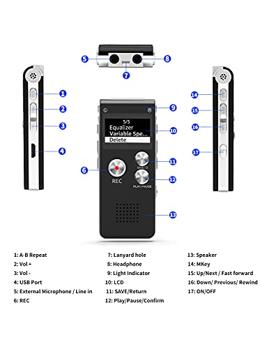 Digital Voice Recorder 16GB Voice Recorder with Playback for Lectures - USB Rechargeable Dictaphon Upgraded Small Tape Recorder