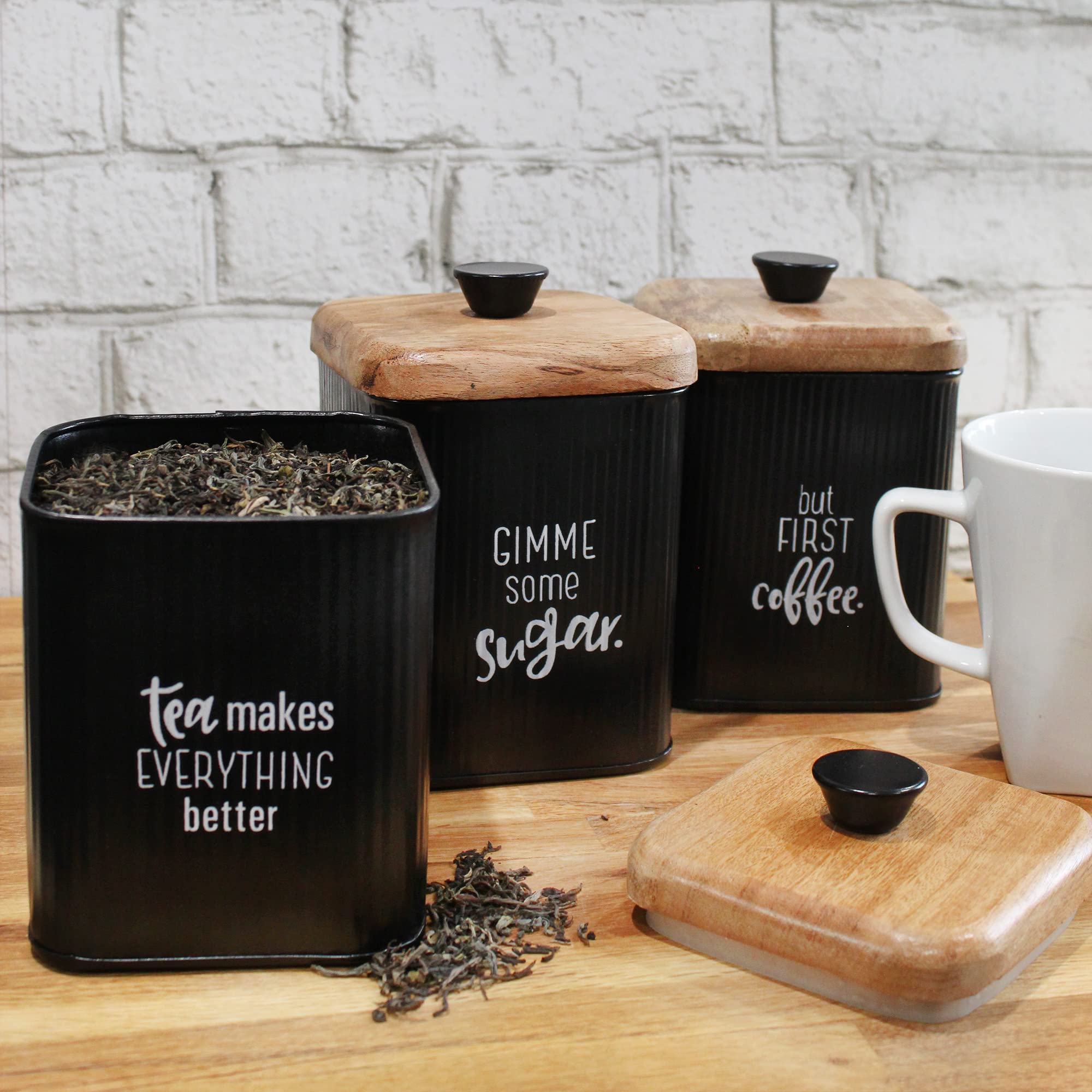 AuldHome Farmhouse Black Enamelware Canisters (Set of 3); Storage Containers for Coffee, Tea and Sugar in Black Enamel and Wood Design