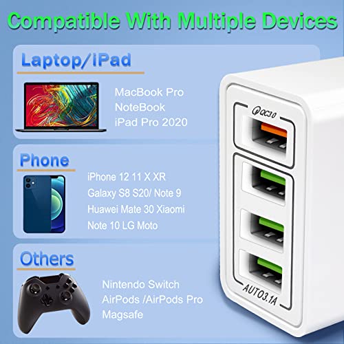 USB Charger 40W QC3.0 USB Wall Charger, 5V/3.1A 4-Port Charging Block Fast USB Wall Plug for iPhone 12 Pro Max/Mini/11/XS Max/XR/X/8/7/6, iPad, Samsung S8/S9, Note8/9, LG, HTC, Moto, Switch and More
