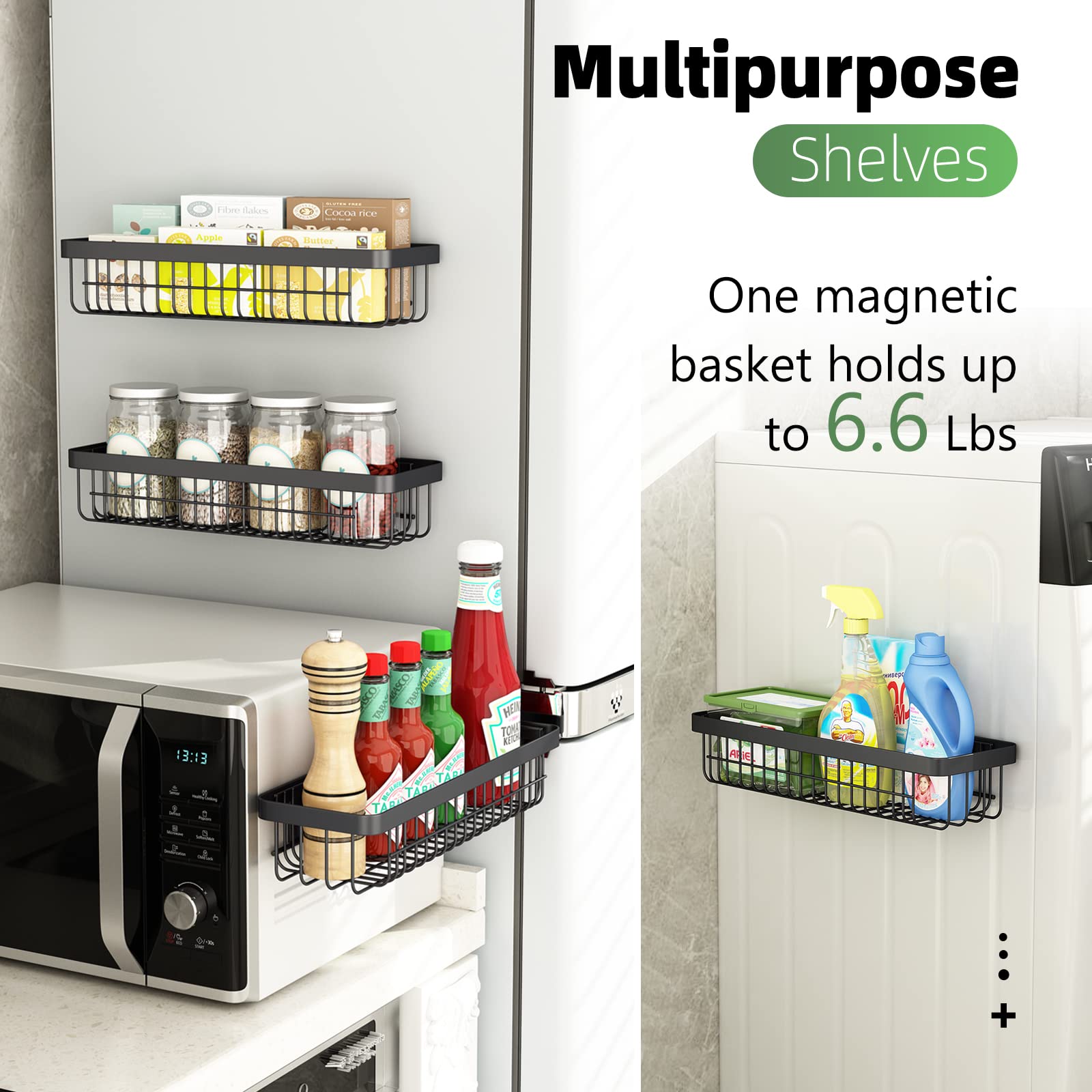 Warome Magnetic Spice Rack, 4 Pack Magnetic Shelf for Refrigerator, Magnetic Fridge Organizer with Super Strong Magnetic, Kitchen Organization and Storage, Metal Seasoning Organizer with Utility Hooks