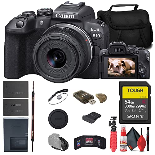Canon EOS R10 Mirrorless Camera with 18-45mm Lens (5331C009) + Sony 64GB Tough SD Card + Bag + Card Reader + Flex Tripod + Hand Strap + Memory Wallet + Cap Keeper + Cleaning Kit (Renewed)