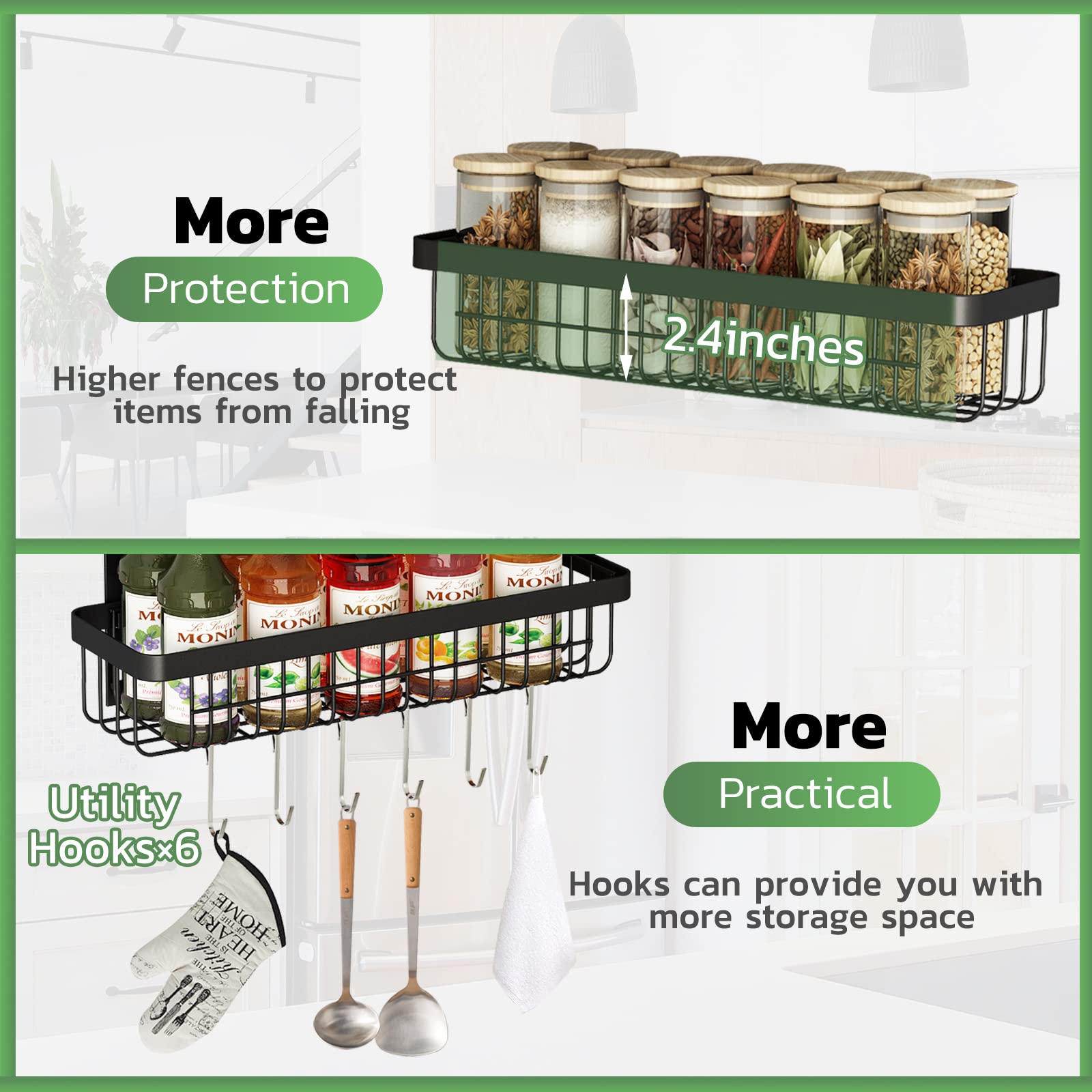 Warome Magnetic Spice Rack, 4 Pack Magnetic Shelf for Refrigerator, Magnetic Fridge Organizer with Super Strong Magnetic, Kitchen Organization and Storage, Metal Seasoning Organizer with Utility Hooks