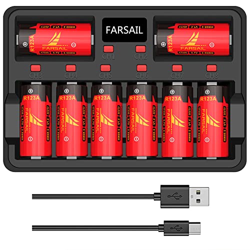 Arlo Batteries Rechargeable 8 Pack, FARSAIL 800mAH 123A NiMH Batteries and CR123A Charger for Arlo VMC3030 VMK3200 VMS3130 3230C 3430 3530 Cameras, August Pro WiFi, Flashlight