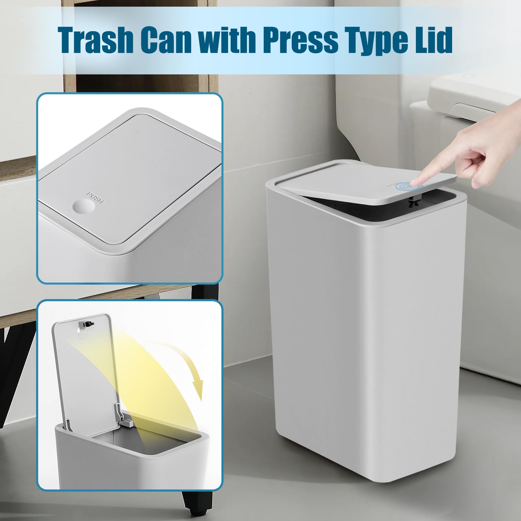 TIPGO Bathroom Trash Can with Lid, 10 Liter/ 2.6 Gallon Slim Garbage Can, Small Trash Bin Waste Basket with Pop-Up Lid for Kitchen, Bedroom, Living Room, Office (2 Pack, Grey)