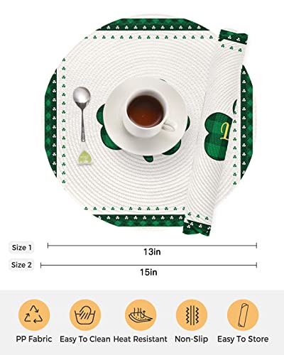 15" Round Braided Placemats Set of 2 St. Patrick Clover Shamrocks Classic Stylish Woven Place Mats Table Mats Set-Thick Heat Resistant Kitchen Trivet Hot Pads Pot Holder for Dining Tables