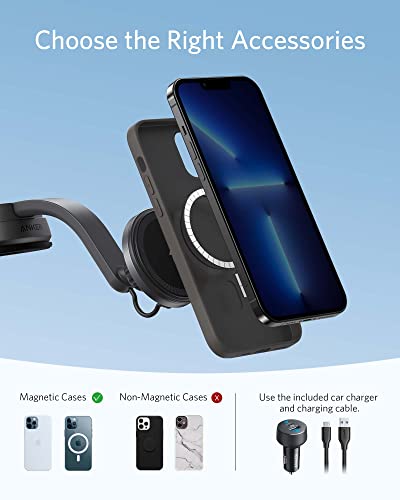 Anker Magnetic Wireless Charger (MagGo), 613 Car Charging Mount with 2-Port USB Car Charger, 5 ft USB-C to USB-A Cable, Strong Magnetic Alignment only for iPhone 4/14 Pro/14 Pro Max/13/13 Pro Max