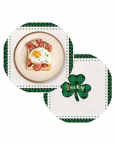 15" Round Braided Placemats Set of 2 St. Patrick Clover Shamrocks Classic Stylish Woven Place Mats Table Mats Set-Thick Heat Resistant Kitchen Trivet Hot Pads Pot Holder for Dining Tables