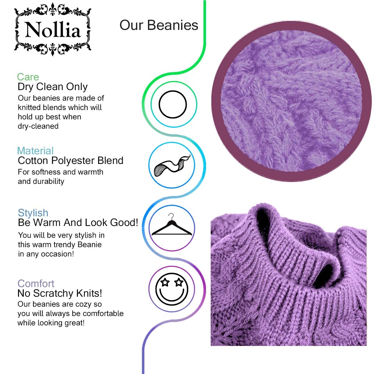 Nollia Soft Knit Solid Color Beanie, Chic, and Lightweight Crochet Knitted Style Beanie Hat for Women, One Size Slouchy Hat Lavender