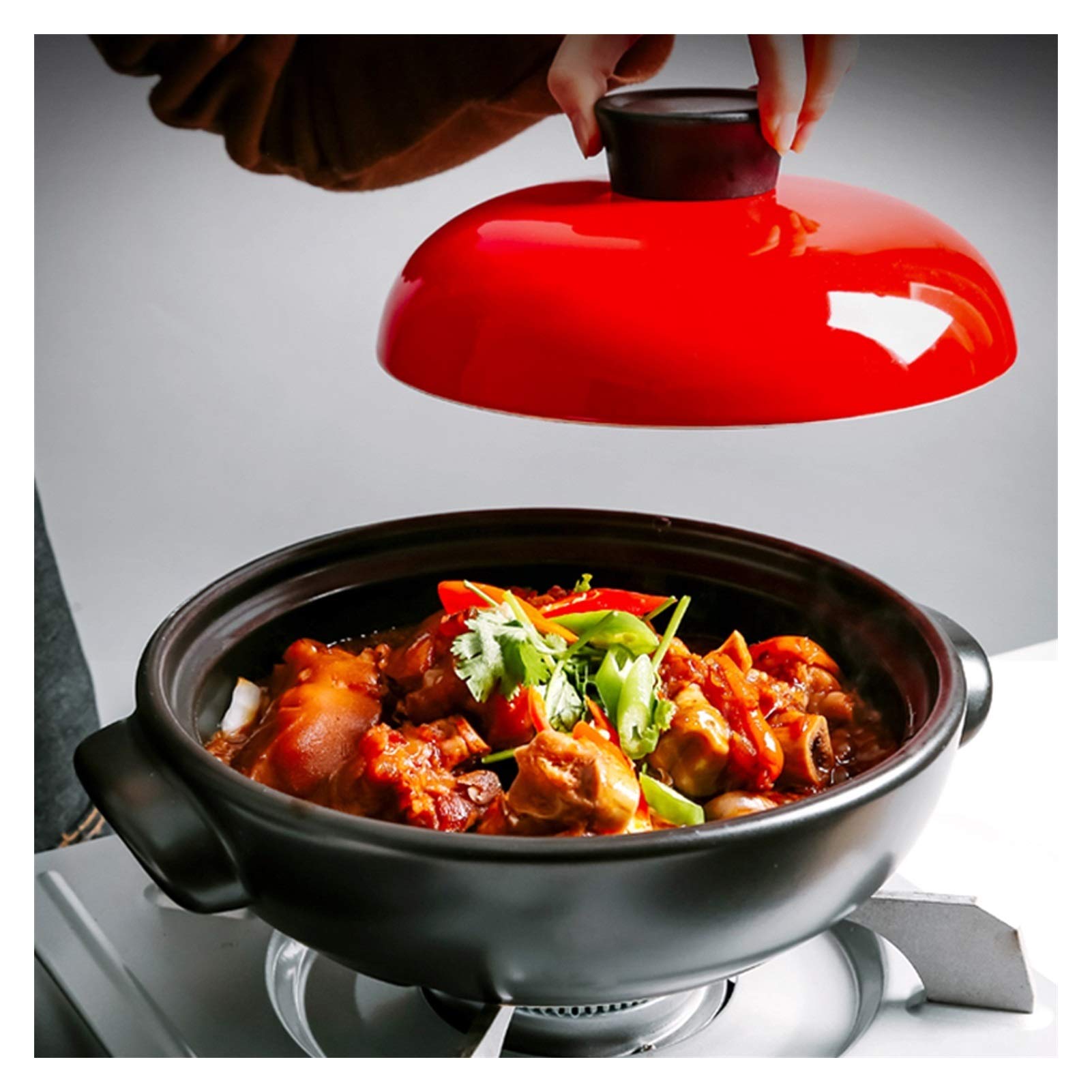 soup pot Classic Round Earthenware Pot with Dual Handle and Red Lid 1L Heat Resistant Soup Pot Added Australian Spodumene Material stock pots with lids