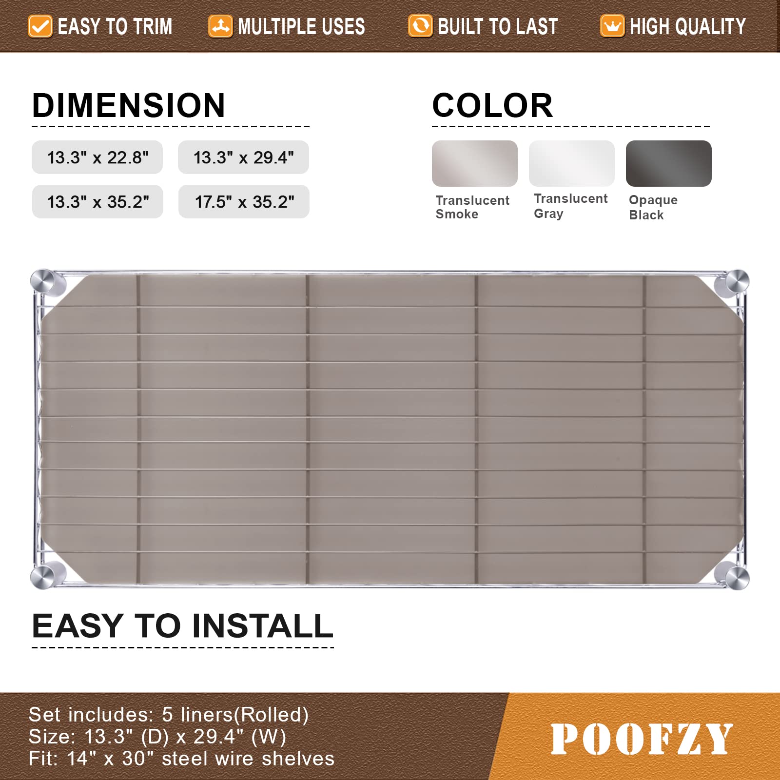 Poofzy Shelf Liners for Wire Shelving, 14 x 36 Inch Shelf Liner for Kitchen Cabinets Non-Adhesive (Rolled 5PK, Grey)
