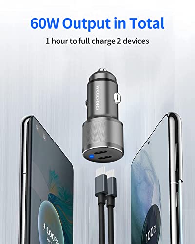 Dual USB C Car Charger, 60W PD (30W + 30W) Super Fast Charging Adapter Metal for Samsung Galaxy S23 Ultra/S23 Plus/S23/S22 Ultra/S22+/S21/S20/S10/Fe, Note 20/10, iPad Pro + 2X Type C to C Cable 3.3Ft