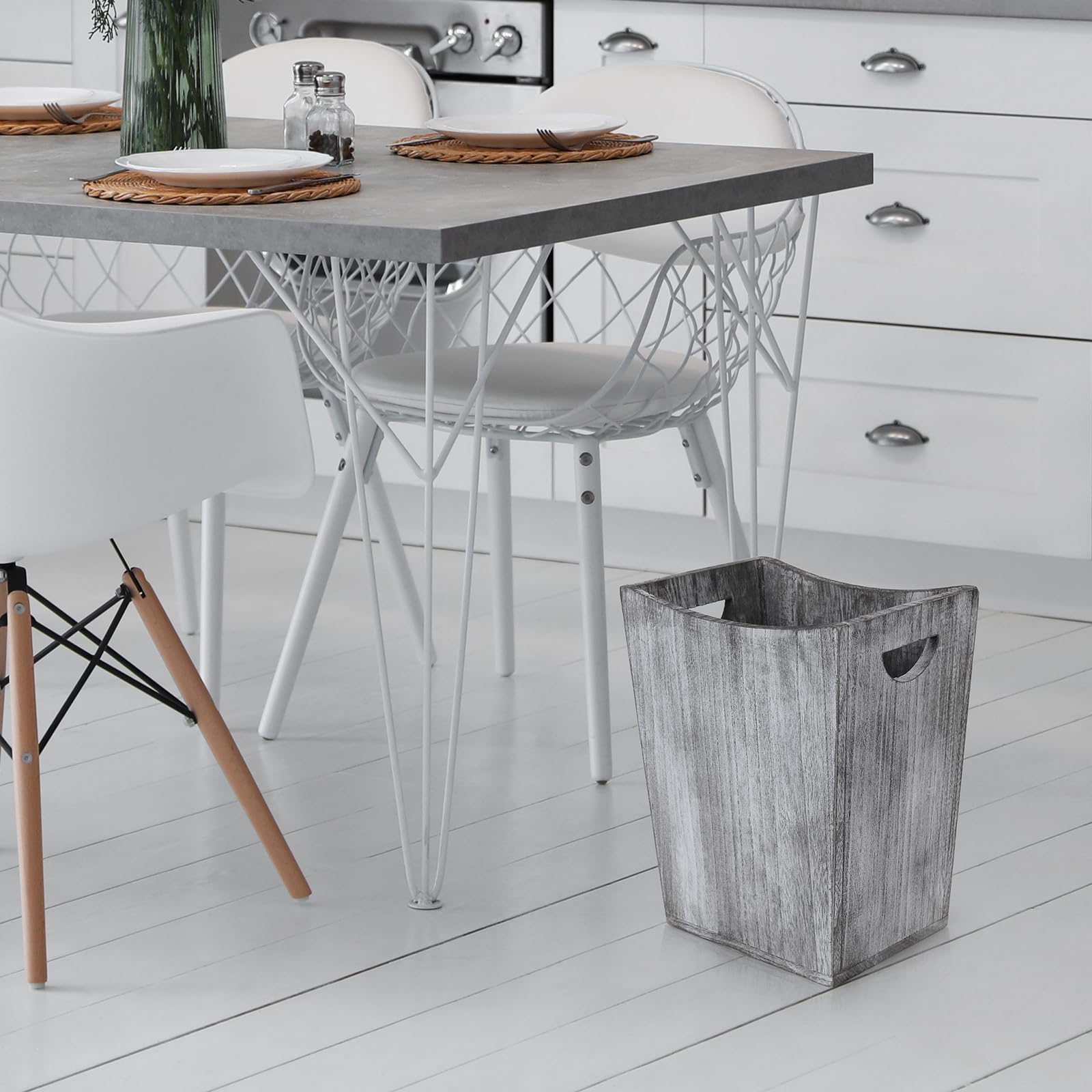 Wood Trash Can Rectangular Waste Basket with Convenient Semicircular Handle Wooden Garbage Can for Kitchen Bedroom Living Room, Grayish Green
