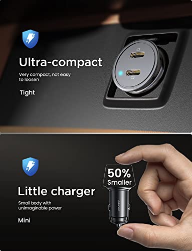 USB C Car Charger, 56W Smallest AINOPE USB C Cigarette Lighter Adapter Fast Charger, PD 3.0 Dual Car Charger USB C Compatible with iPhone 14/13 Pro/12/12 Pro/12 Mini, Galaxy S20/S10, iPad Pro