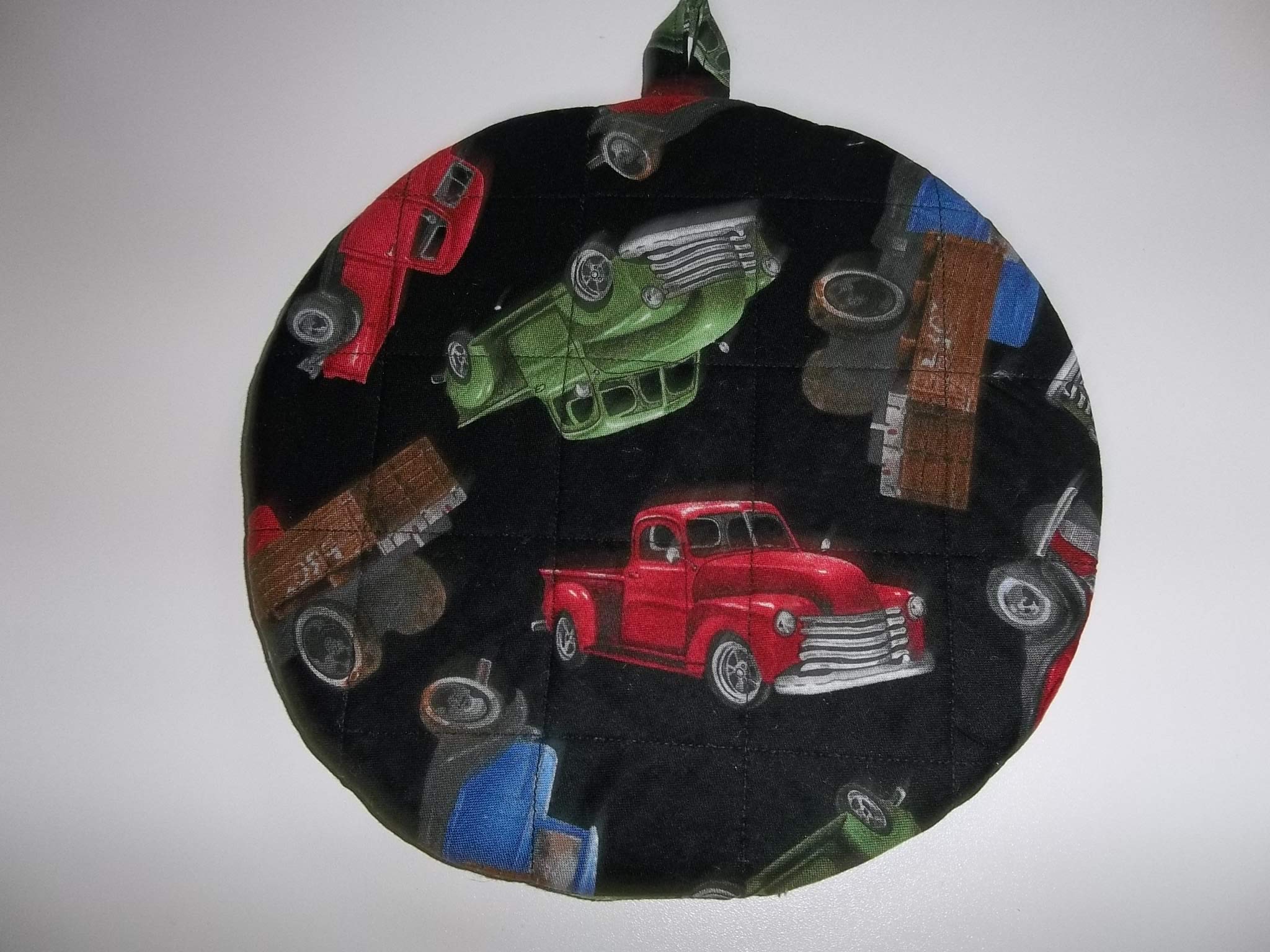 Pot Holders Heat Resistant Classic Pickup Trucks Red and Multi Colored Potholders Handmade Double Insulated Quilted Hot Pads Trivets 9 inches Round